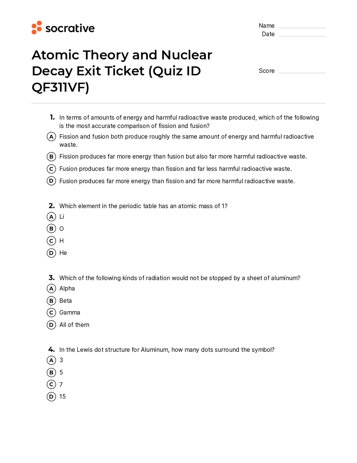 Atomic Theory And Nuclear Decay Exit Ticket – Quiz Shop