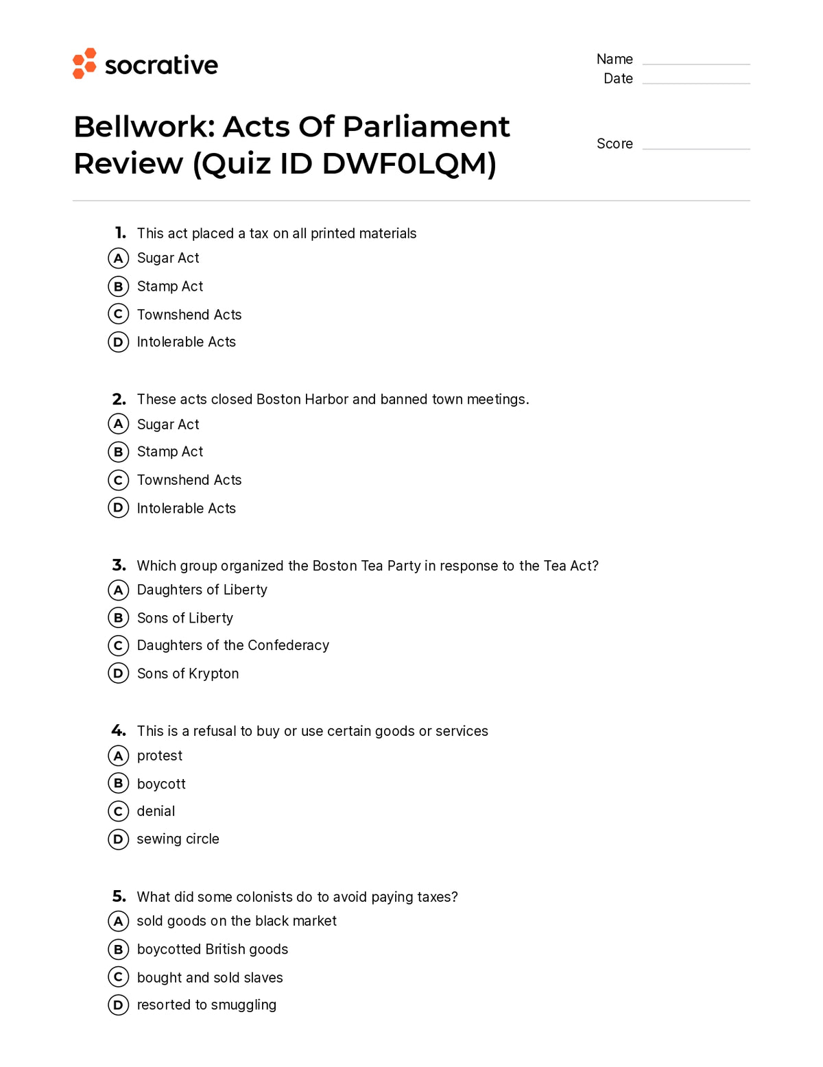 Bellwork Acts Of Parliament Review – Quiz Shop