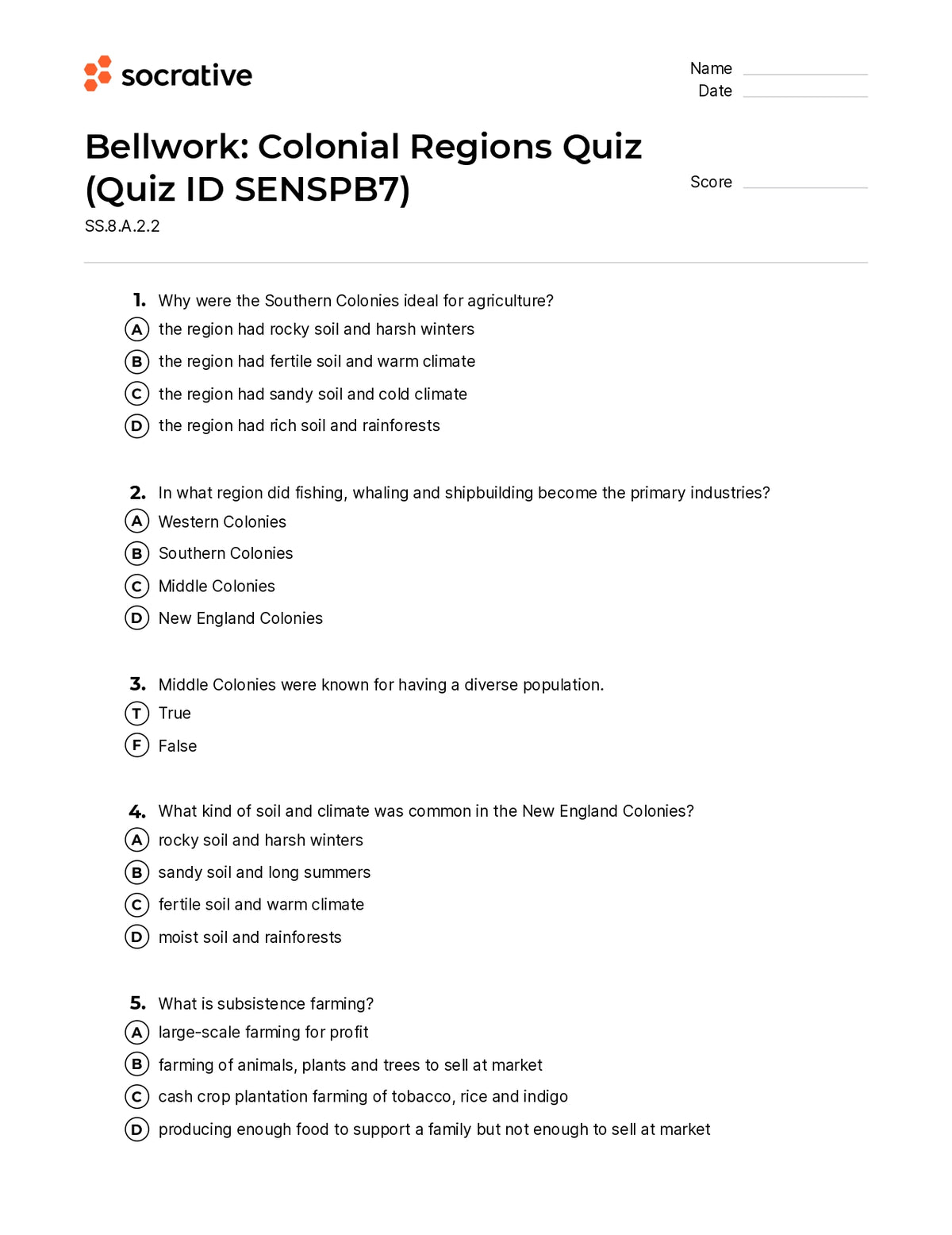 Bellwork Colonial Regions Quiz – Quiz Shop