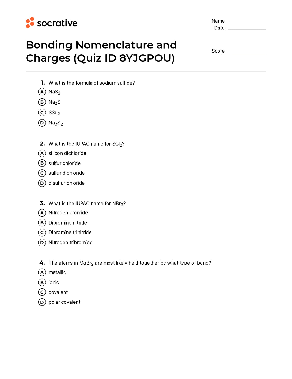 Bonding Nomenclature And Charges – Quiz Shop