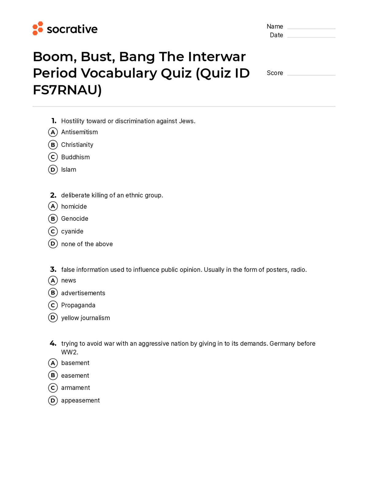 Boom Bust Bang The Interwar Period Vocabulary Quiz – Quiz Shop