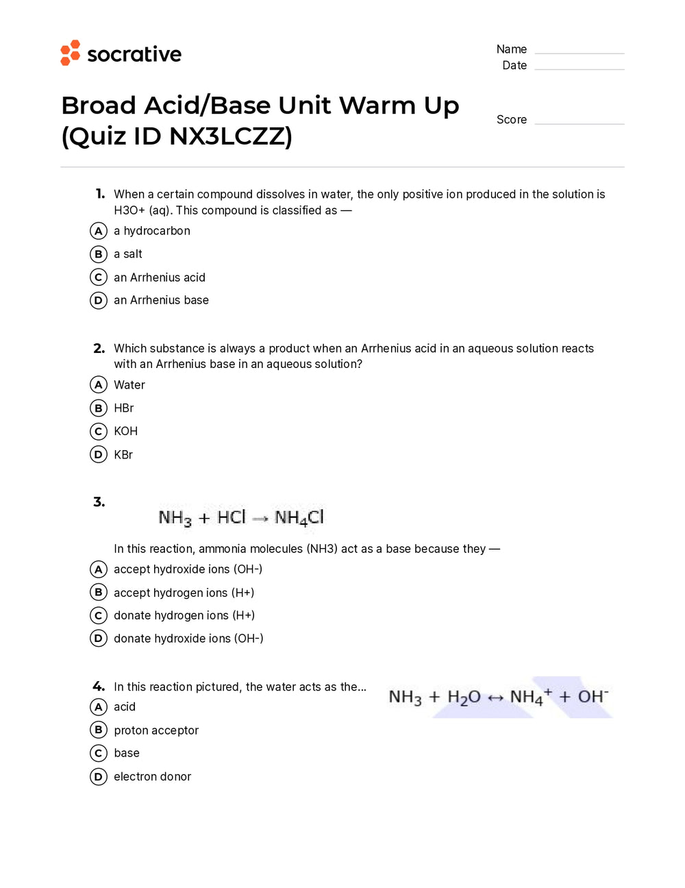 Acid Base Reactions Worksheet