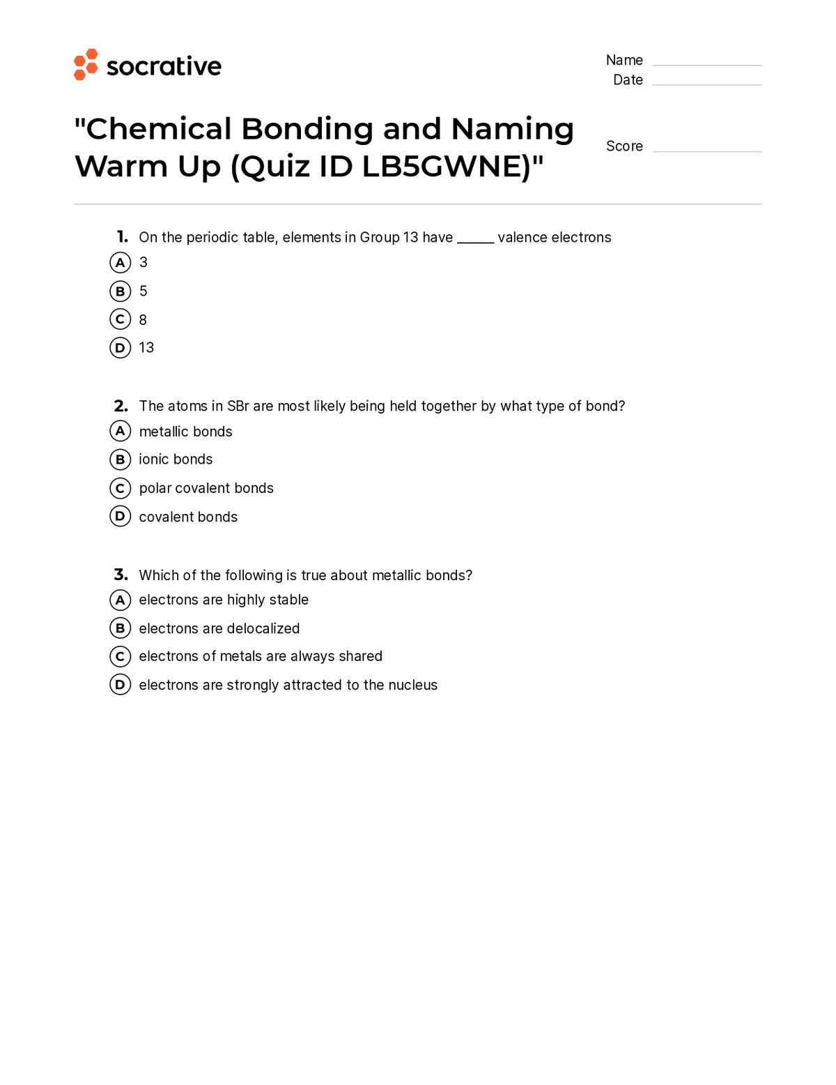 Chemical Bonding And Naming Warm Up – Quiz Shop