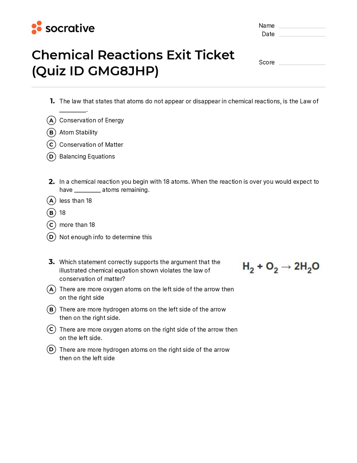 Chemical Reactions Exit Ticket – Quiz Shop