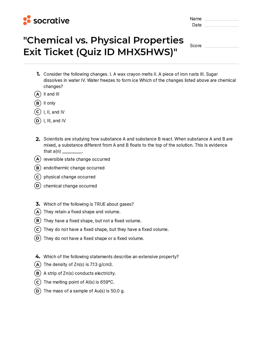 Chemical Vs. Physical Properties Exit Ticket – Quiz Shop