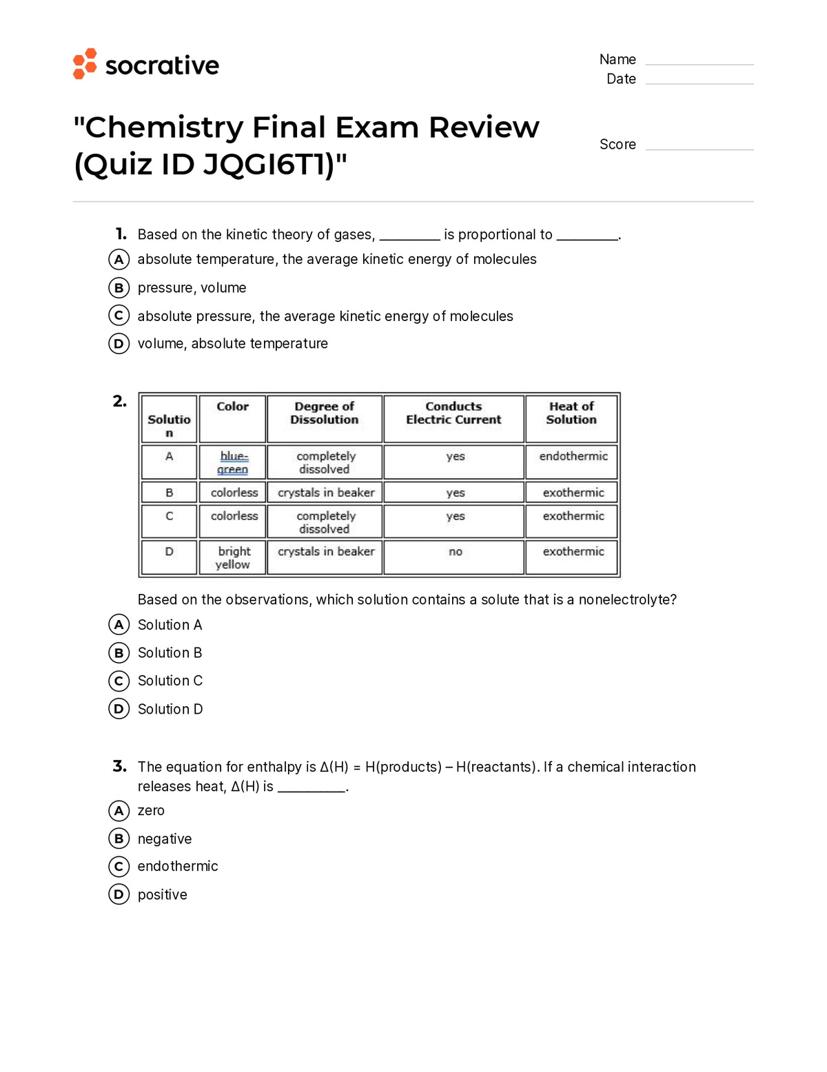 Chemistry Final Exam Review – Quiz Shop