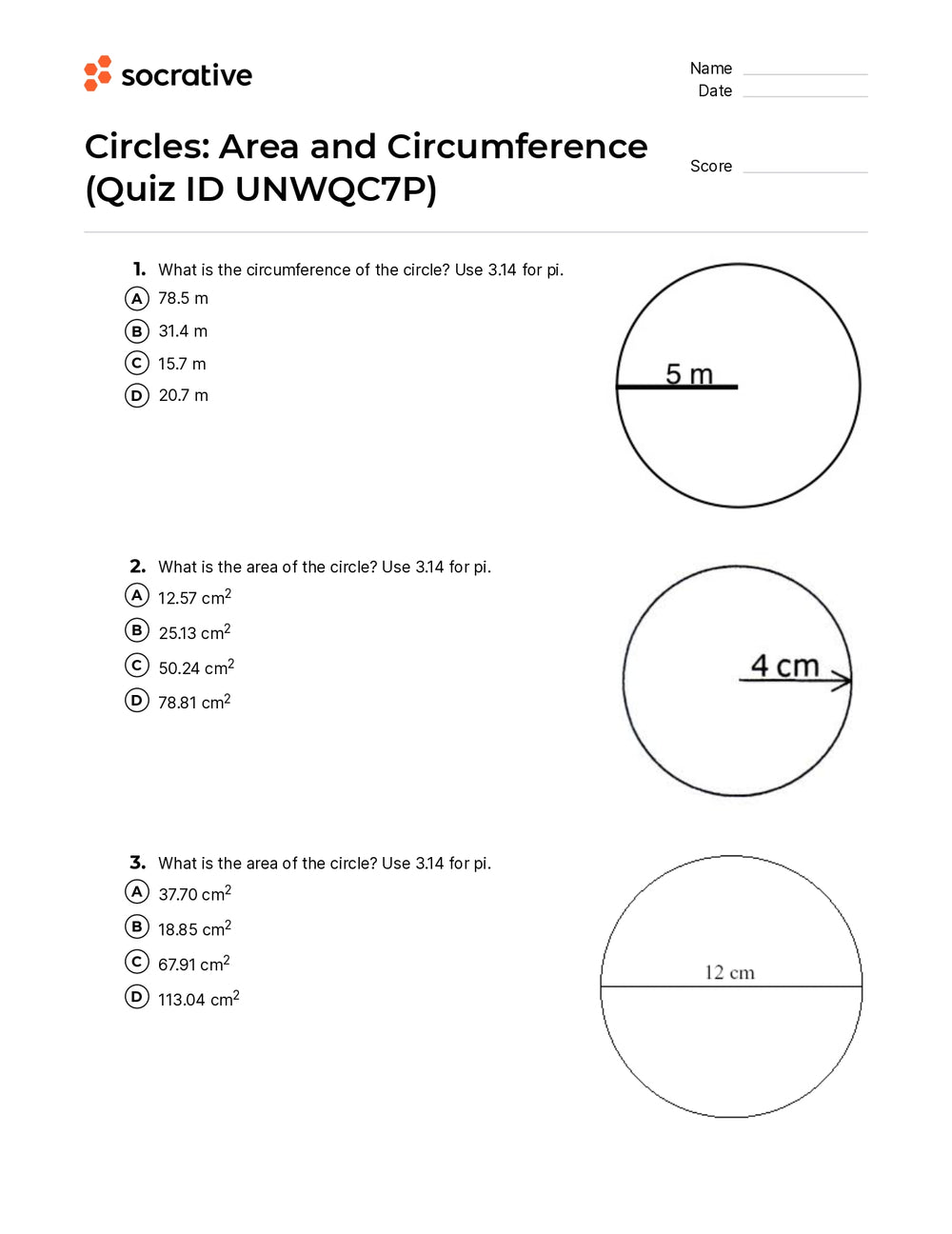 Circles Area And Circumference – Quiz Shop