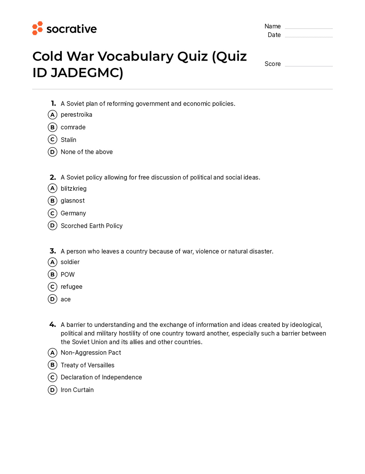 Cold War Vocabulary Quiz – Quiz Shop