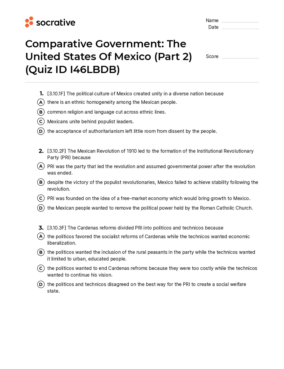 Comparative Government The United States Of Mexico (Part 2) – Quiz Shop