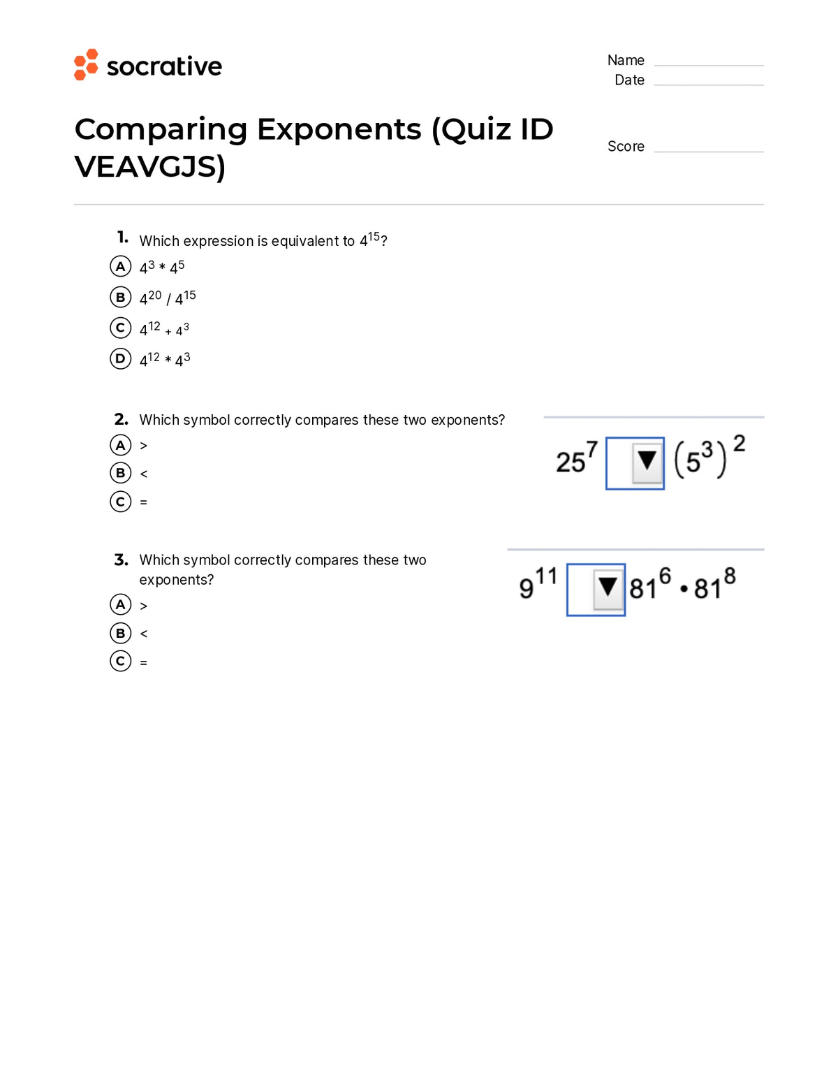 Comparing Exponents – Quiz Shop