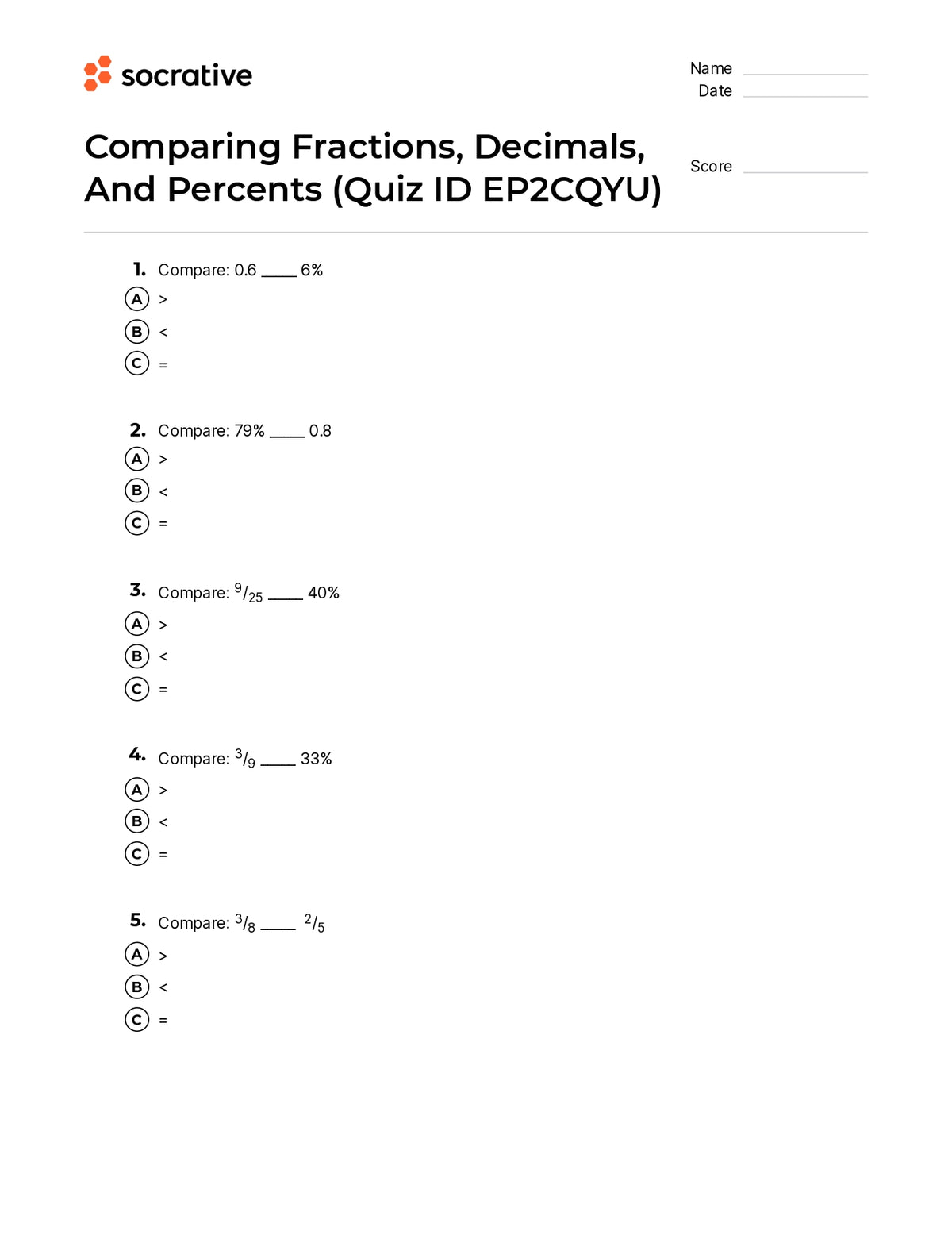 Comparing Fractions Decimals And Percents – Quiz Shop