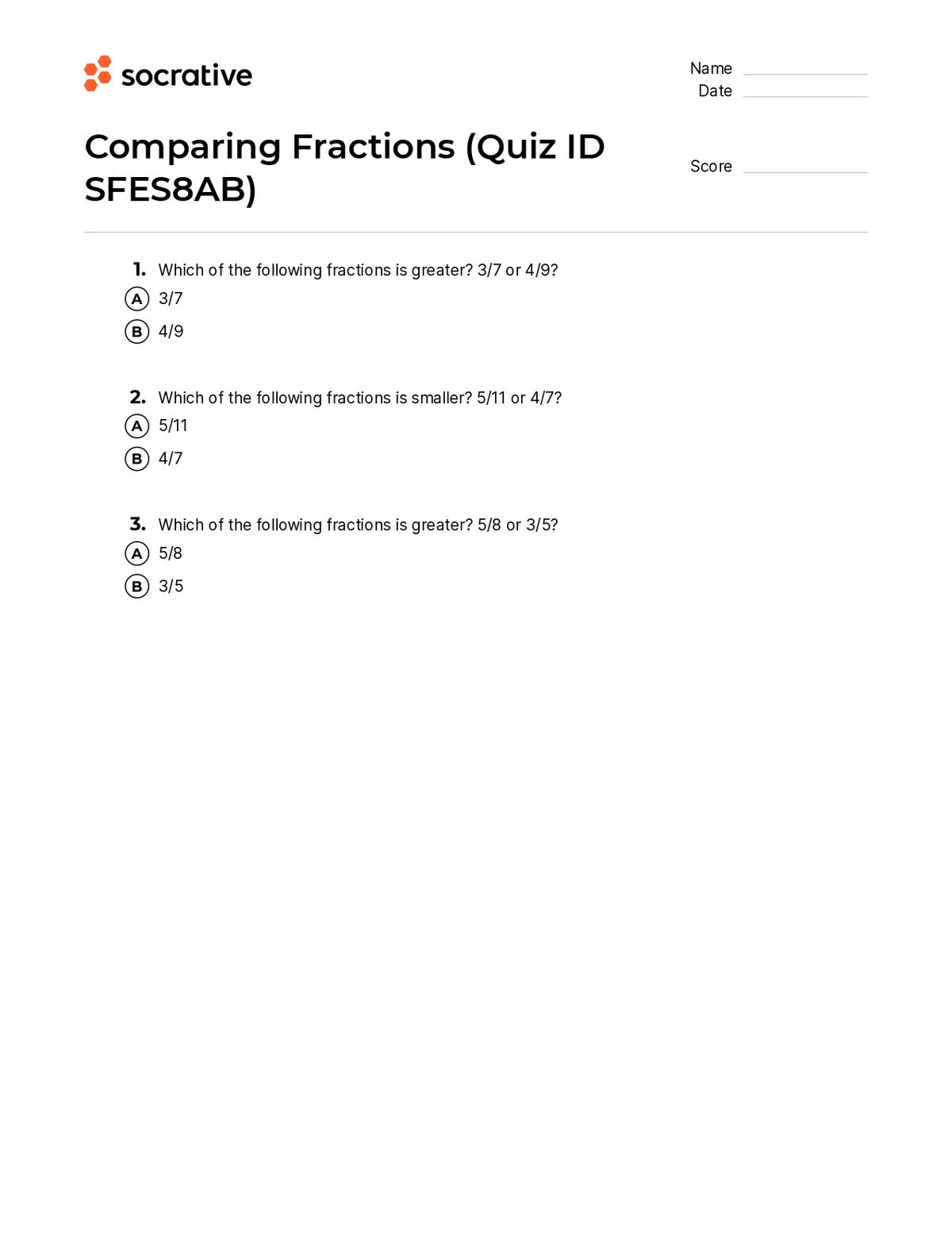 Comparing Fractions – Quiz Shop