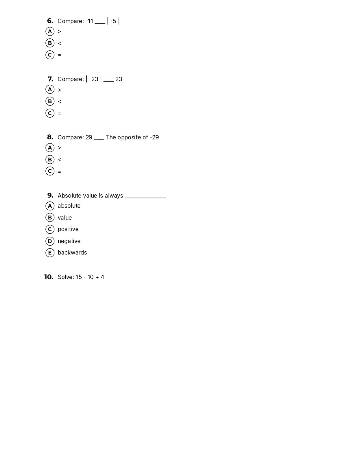 Comparing Integers Exponents And Order Of Operations Quiz – Quiz Shop