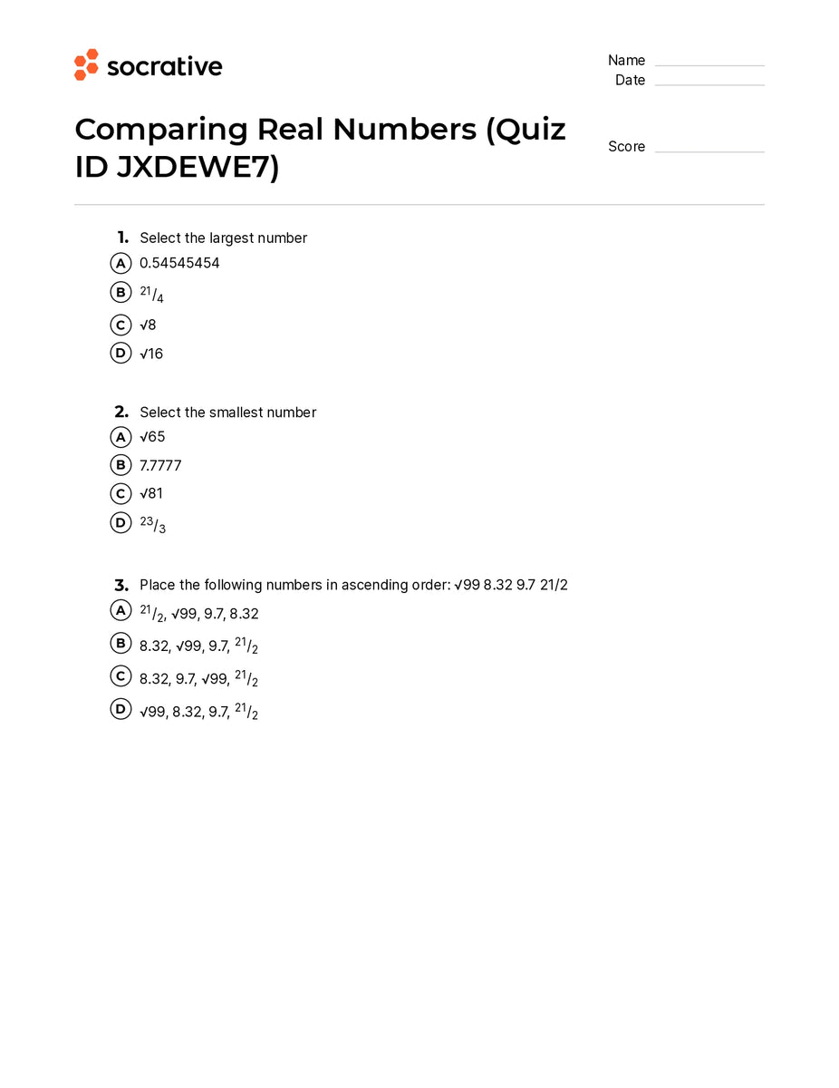 Comparing Real Numbers – Quiz Shop