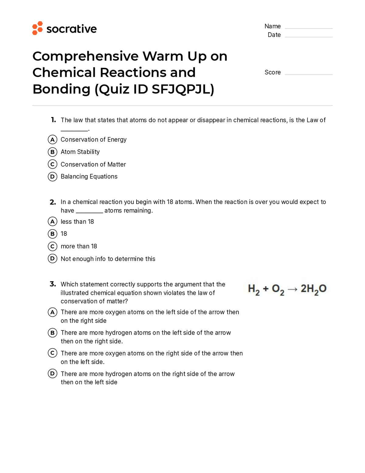 Comprehensive Warm Up On Chemical Reactions And Bonding – Quiz Shop