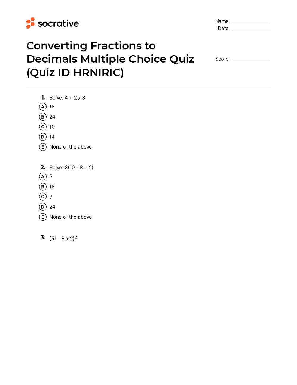 Converting Fractions To Decimals Multiple Choice Quiz – Quiz Shop