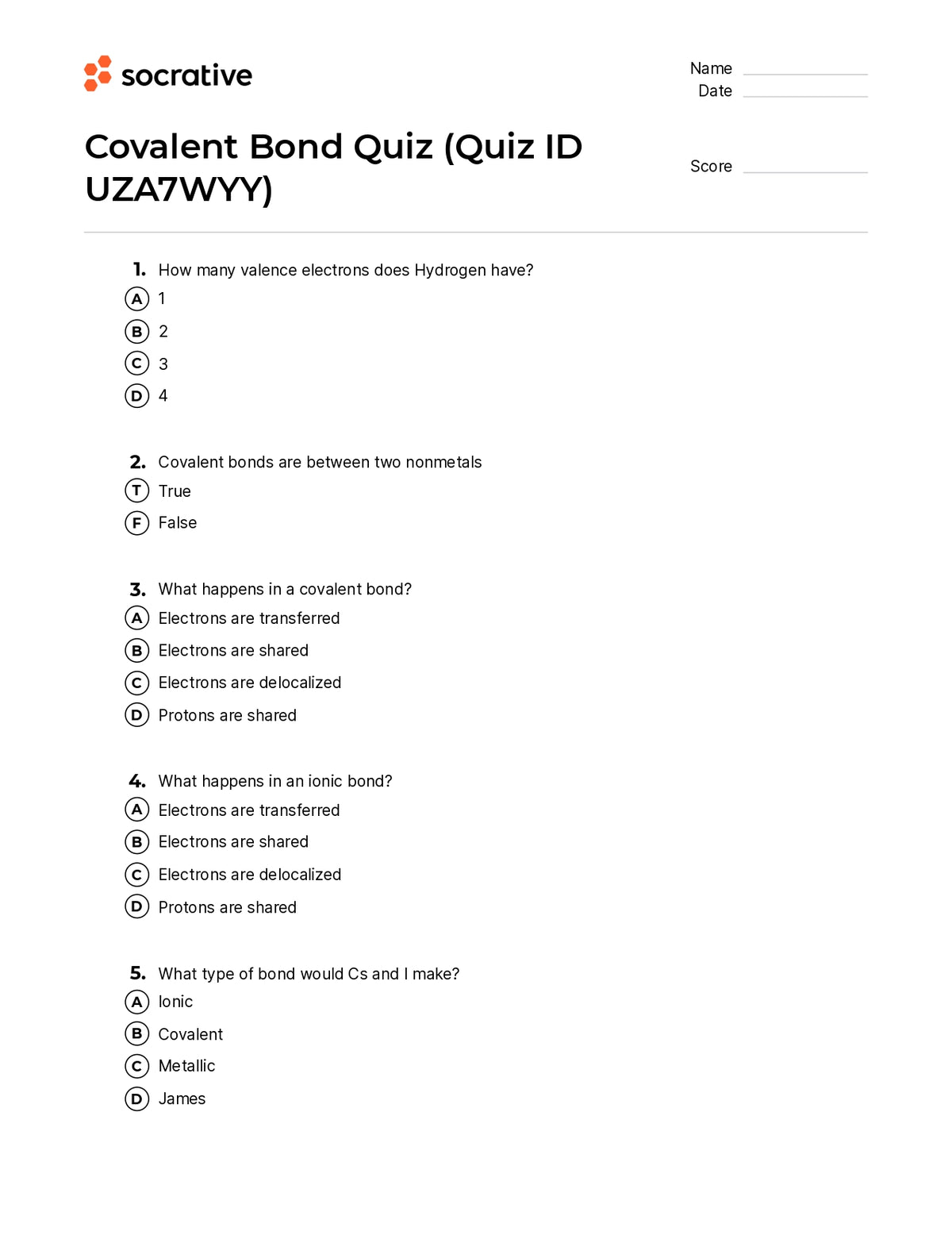 Covalent Bond Quiz – Quiz Shop