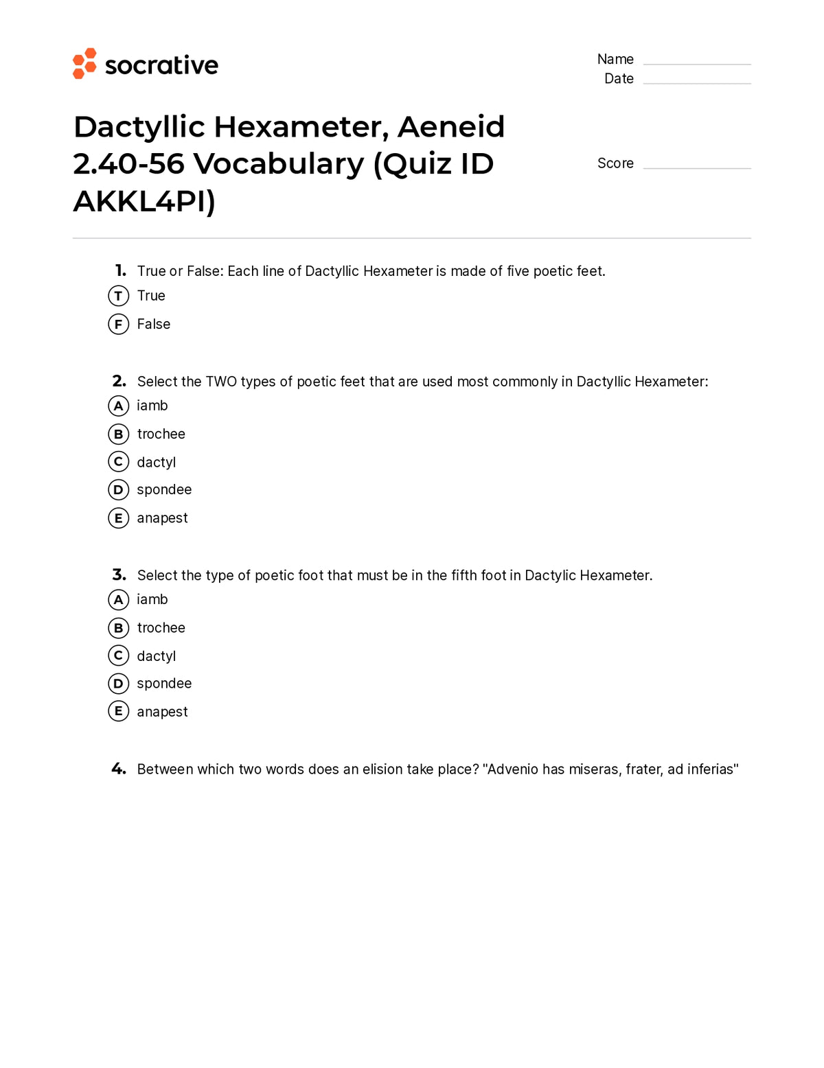 Dactyllic Hexameter Aeneid 2.40-56 Vocabulary – Quiz Shop