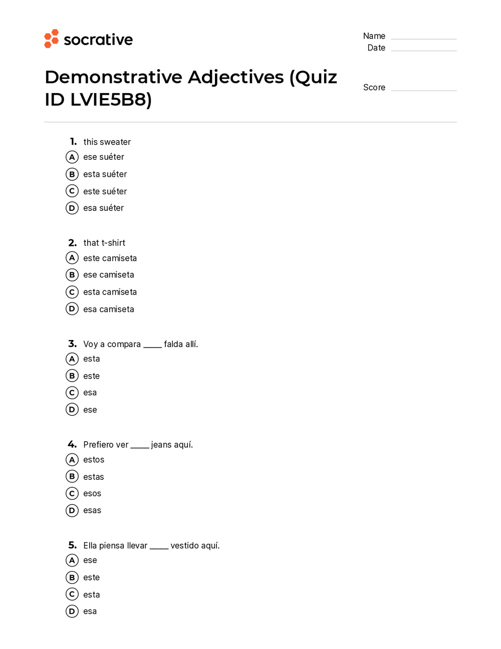 Demonstrative Adjectives – Quiz Shop