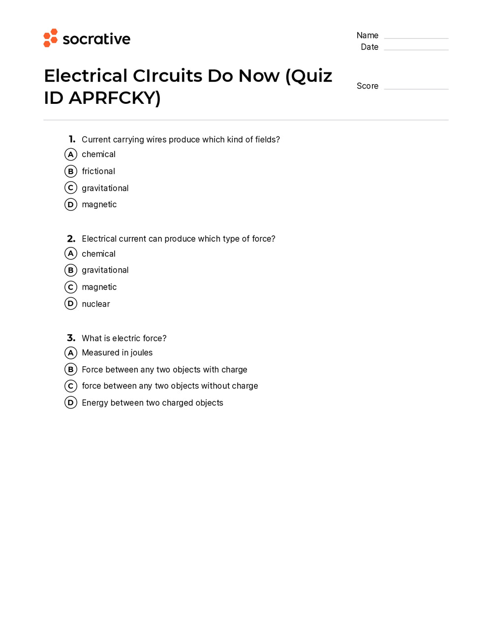 basic electrical circuits quiz