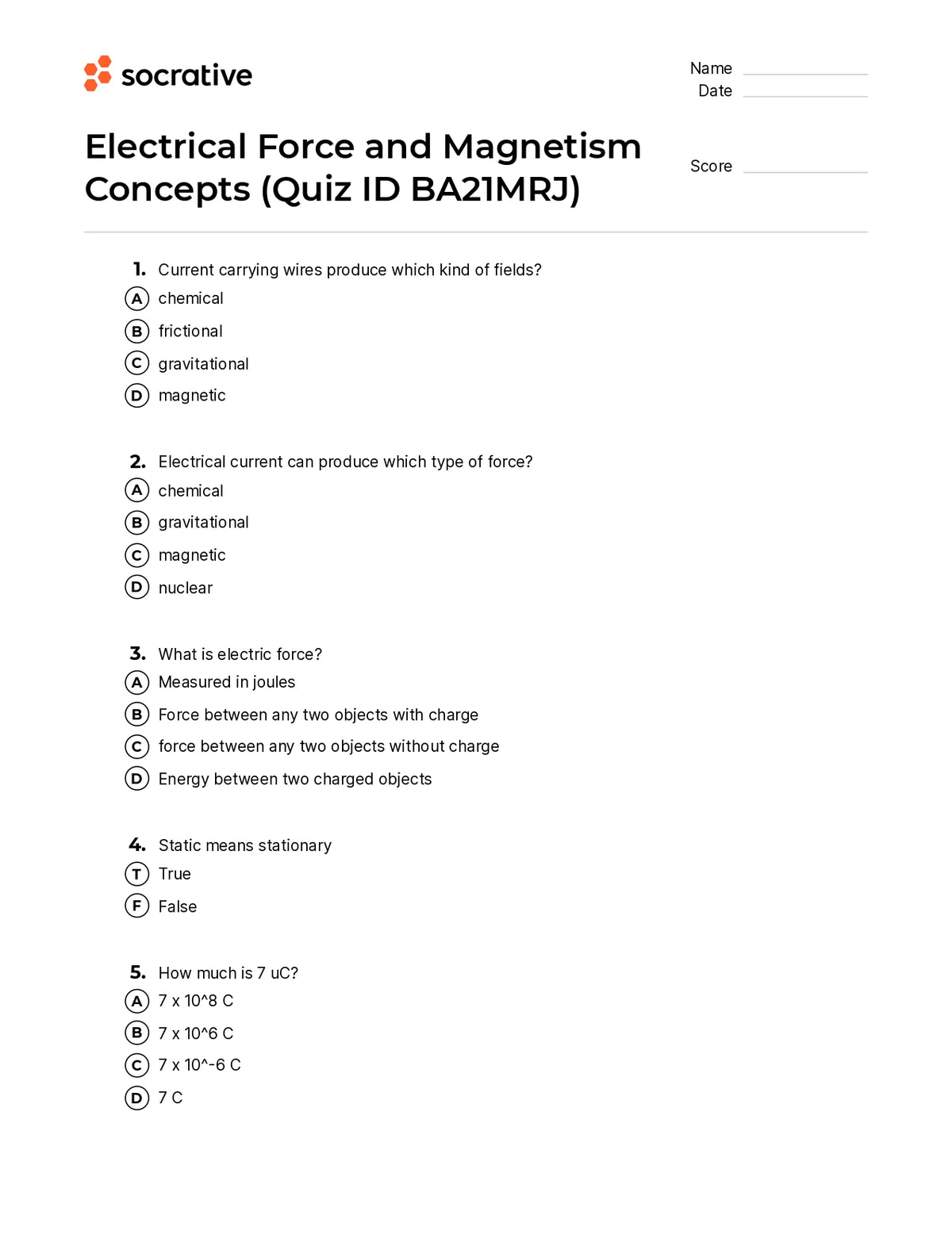 Electrical Force And Magnetism Concepts – Quiz Shop