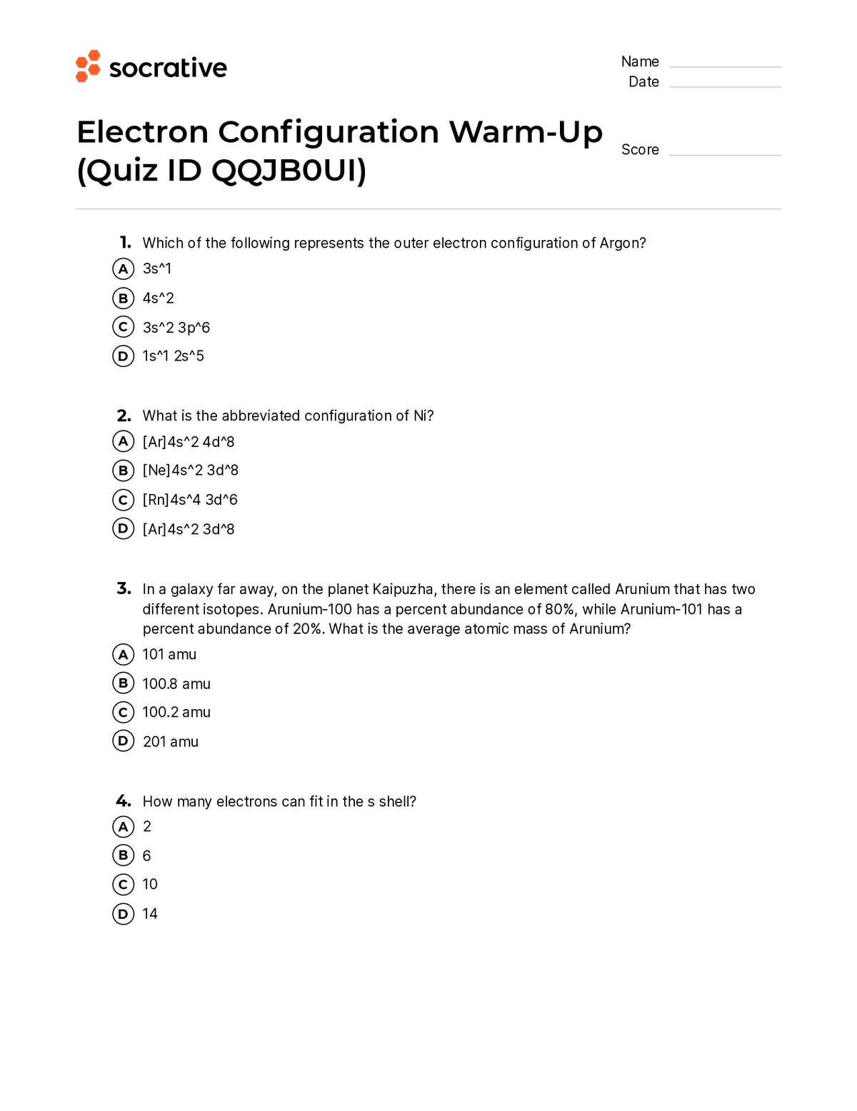 Electron Configuration Warm-Up – Quiz Shop