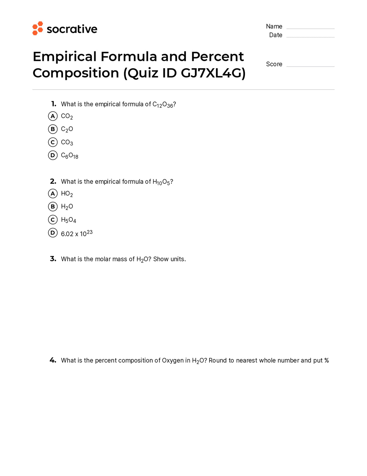 Empirical Formula And Percent Composition – Quiz Shop
