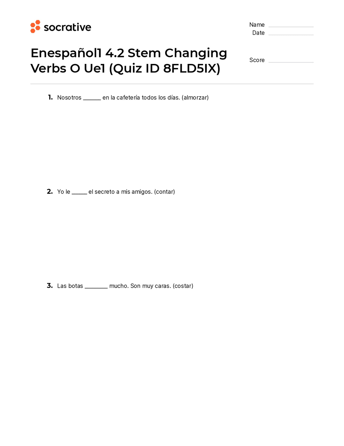 Enespañol1 4.2 Stem Changing Verbs O Ue1 – Quiz Shop