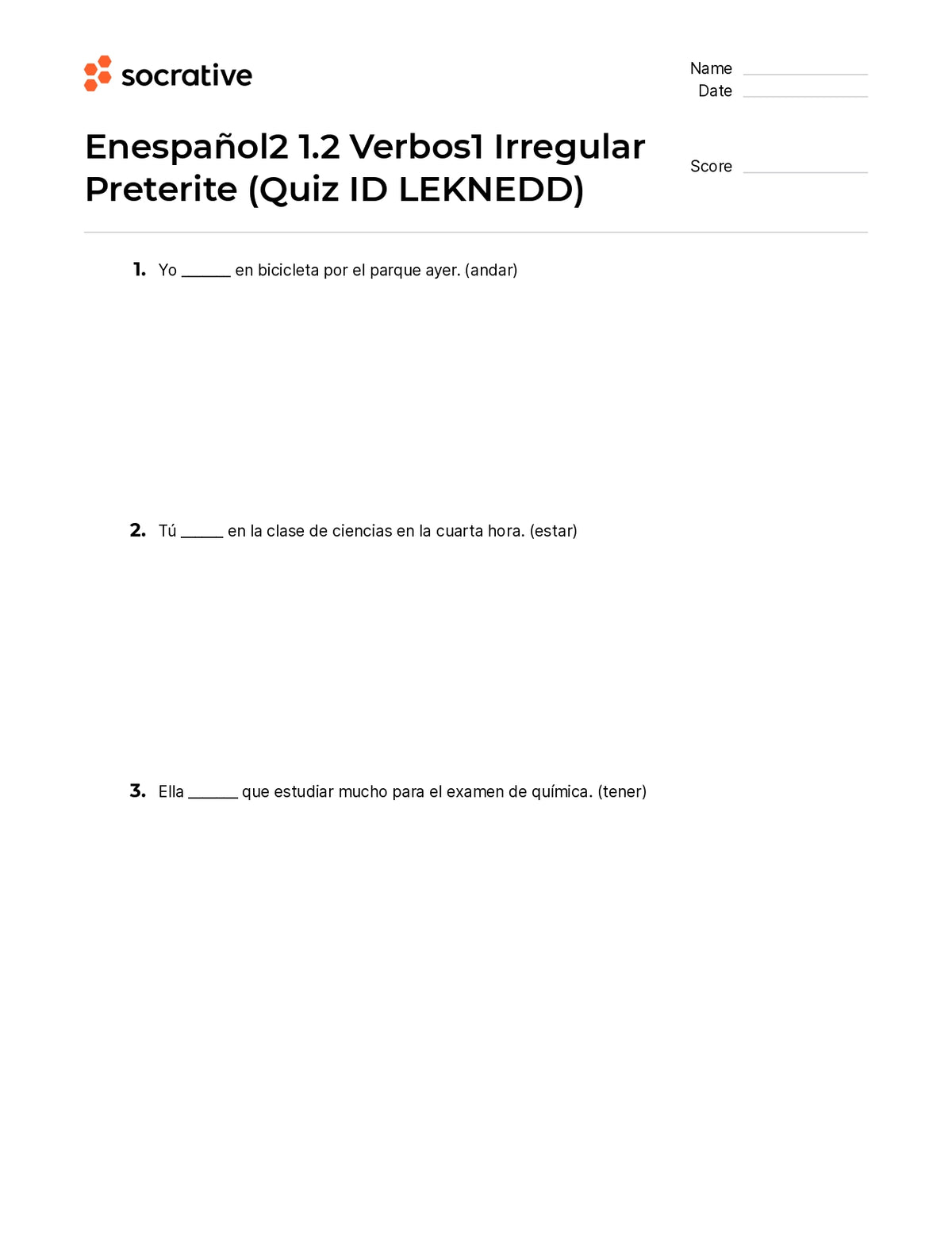 Enespañol2 1.2 Verbos1 Irregular Preterite – Quiz Shop