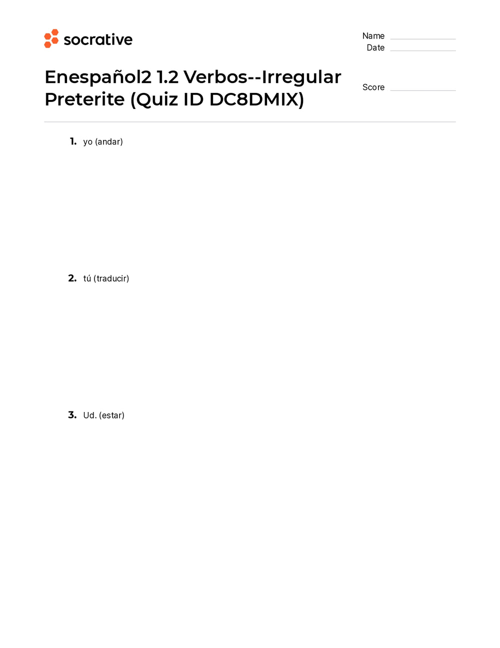 Enespañol2 1.2 Verbos--Irregular Preterite – Quiz Shop