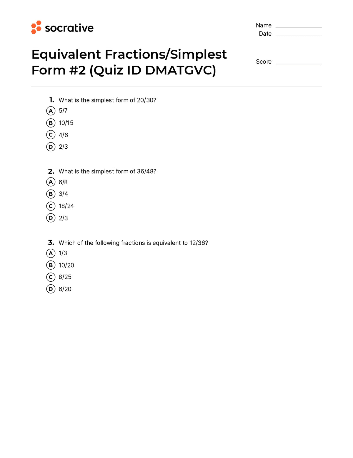 Equivalent Fractions/Simplest Form 2 – Quiz Shop