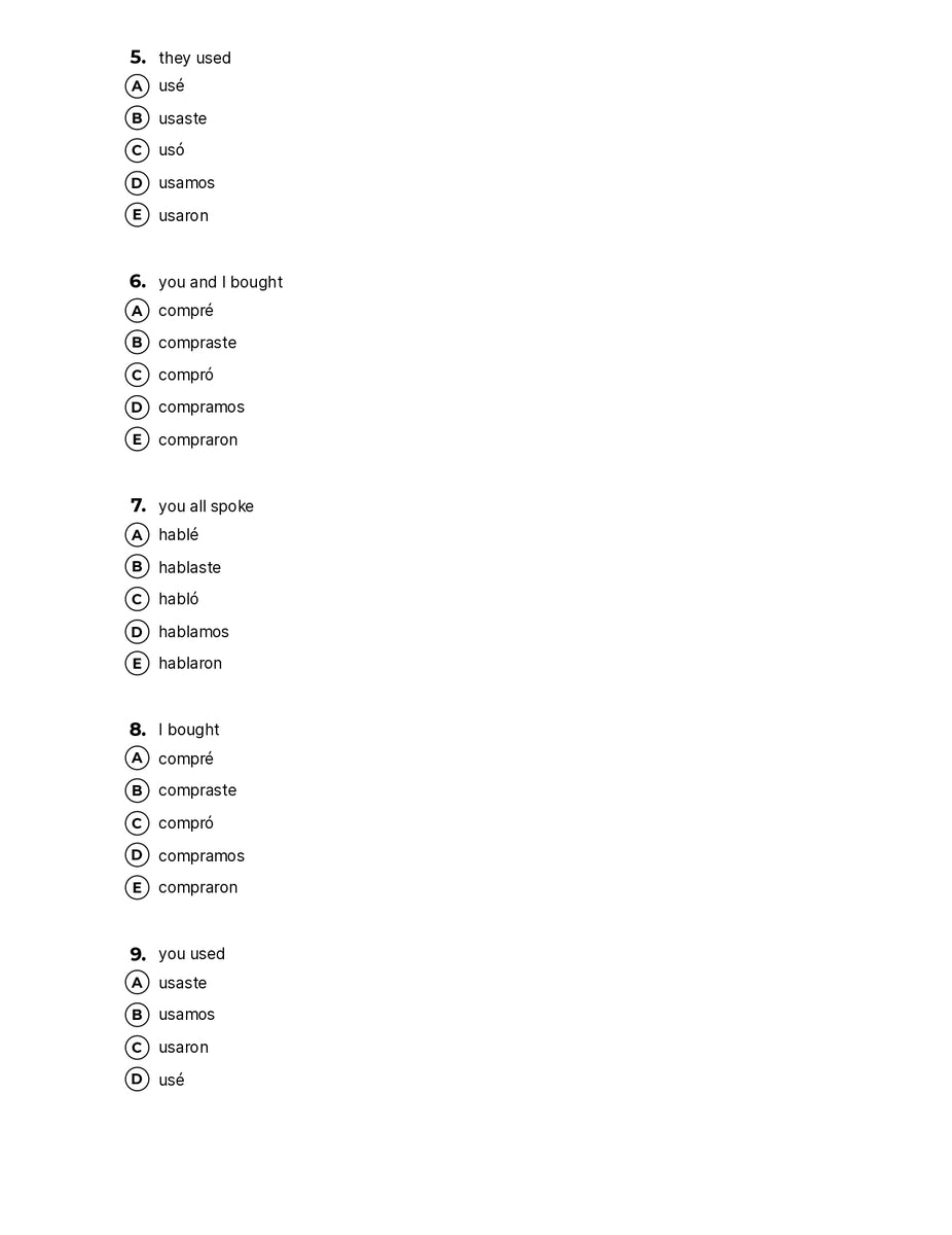 Español 2--Past Tense-Ar (Multiple Choice) – Quiz Shop