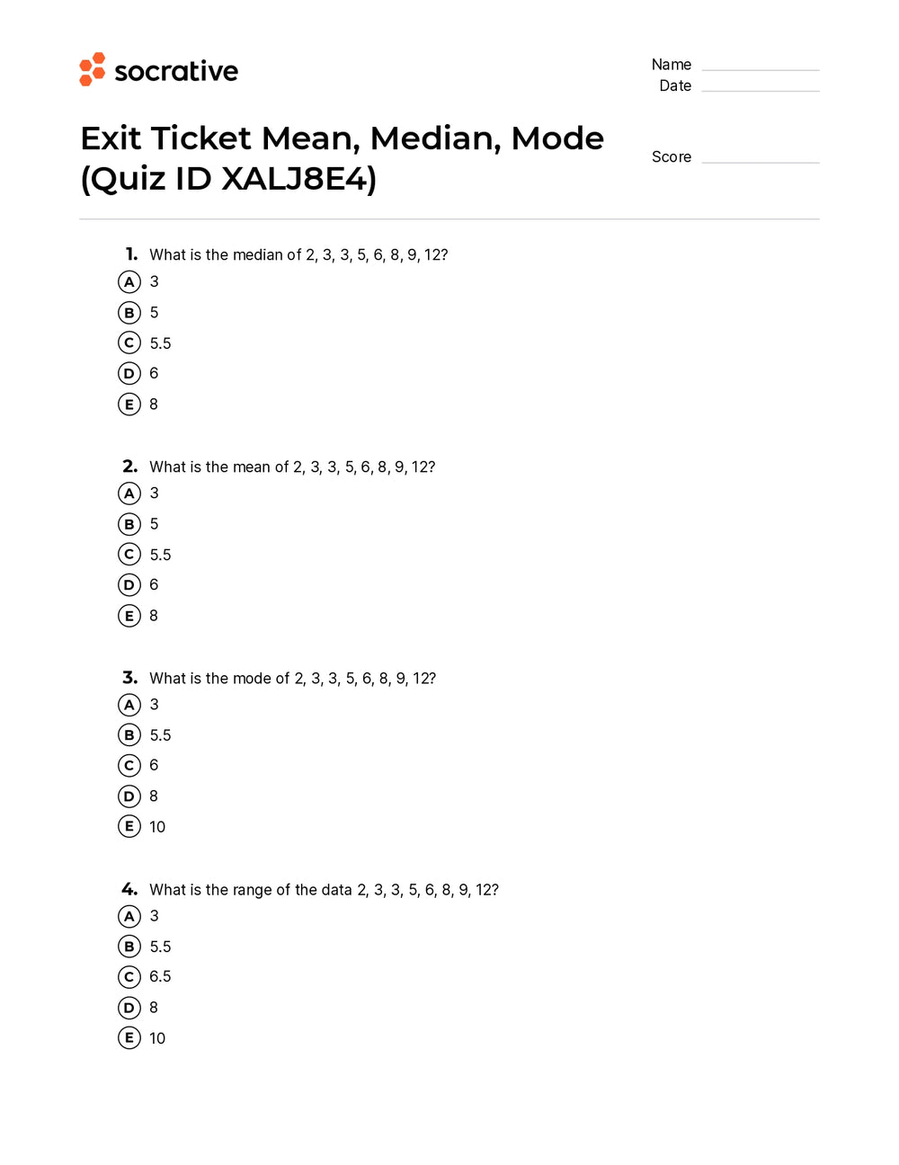 Exit Ticket Mean Median Mode – Quiz Shop