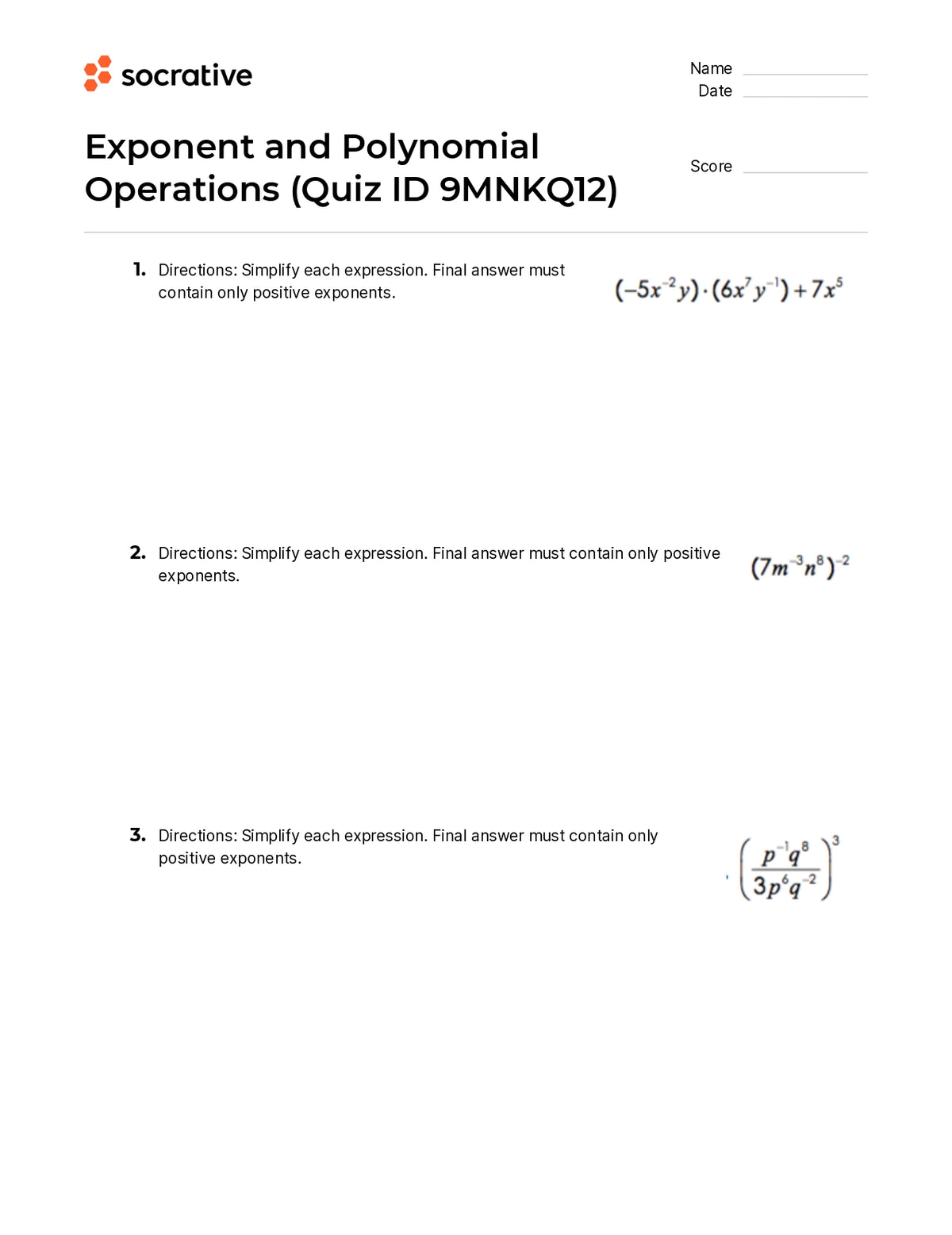 Exponent And Polynomial Operations – Quiz Shop