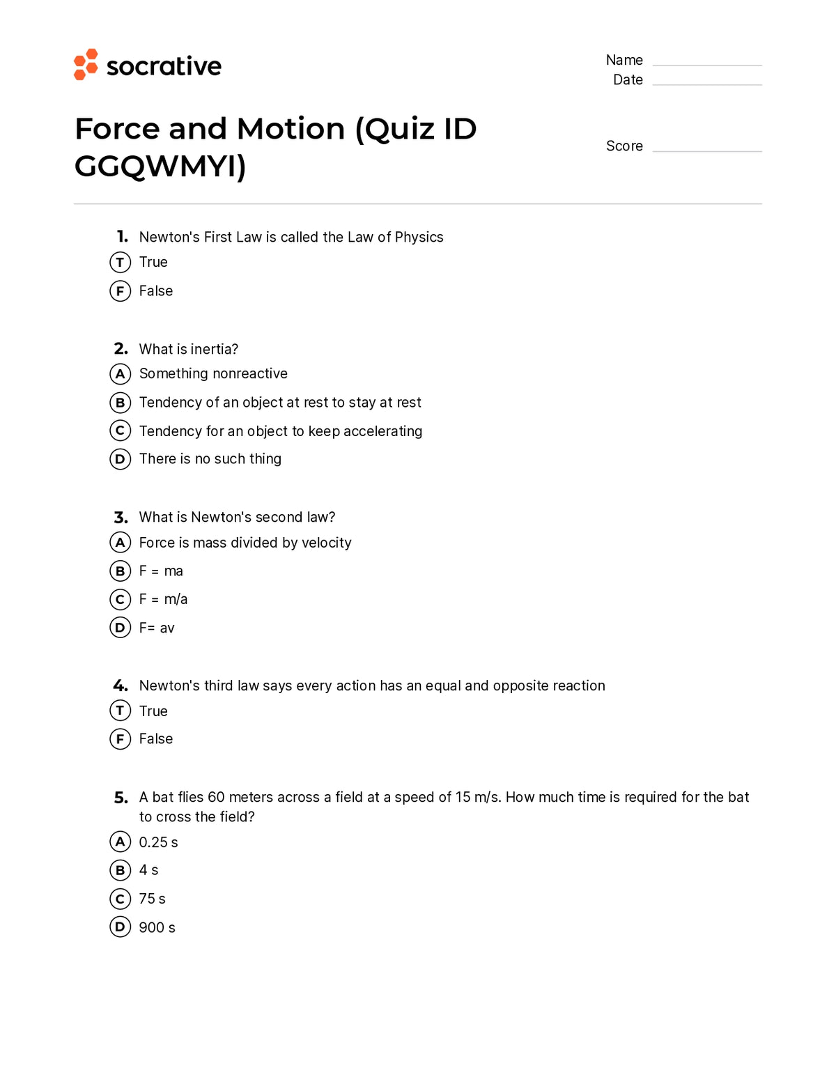Force And Motion – Quiz Shop