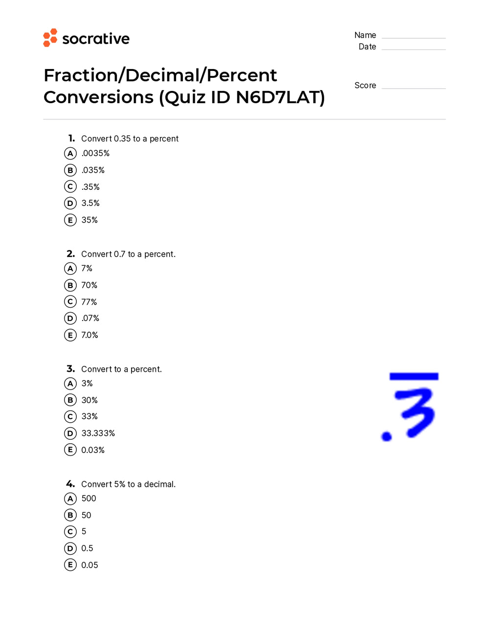 Fraction Decimal Percent Conversion