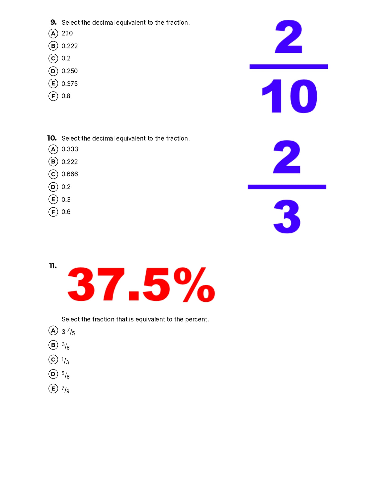 Fraction/Decimal/Percent Quiz (Multiple Choice) – Quiz Shop