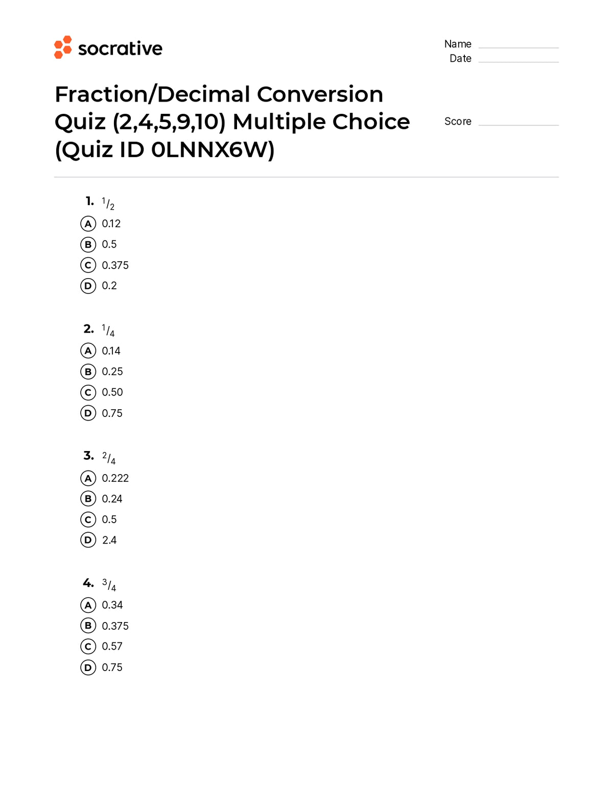 Fraction/Decimal Conversion Quiz (245910) Multiple Choice – Quiz Shop