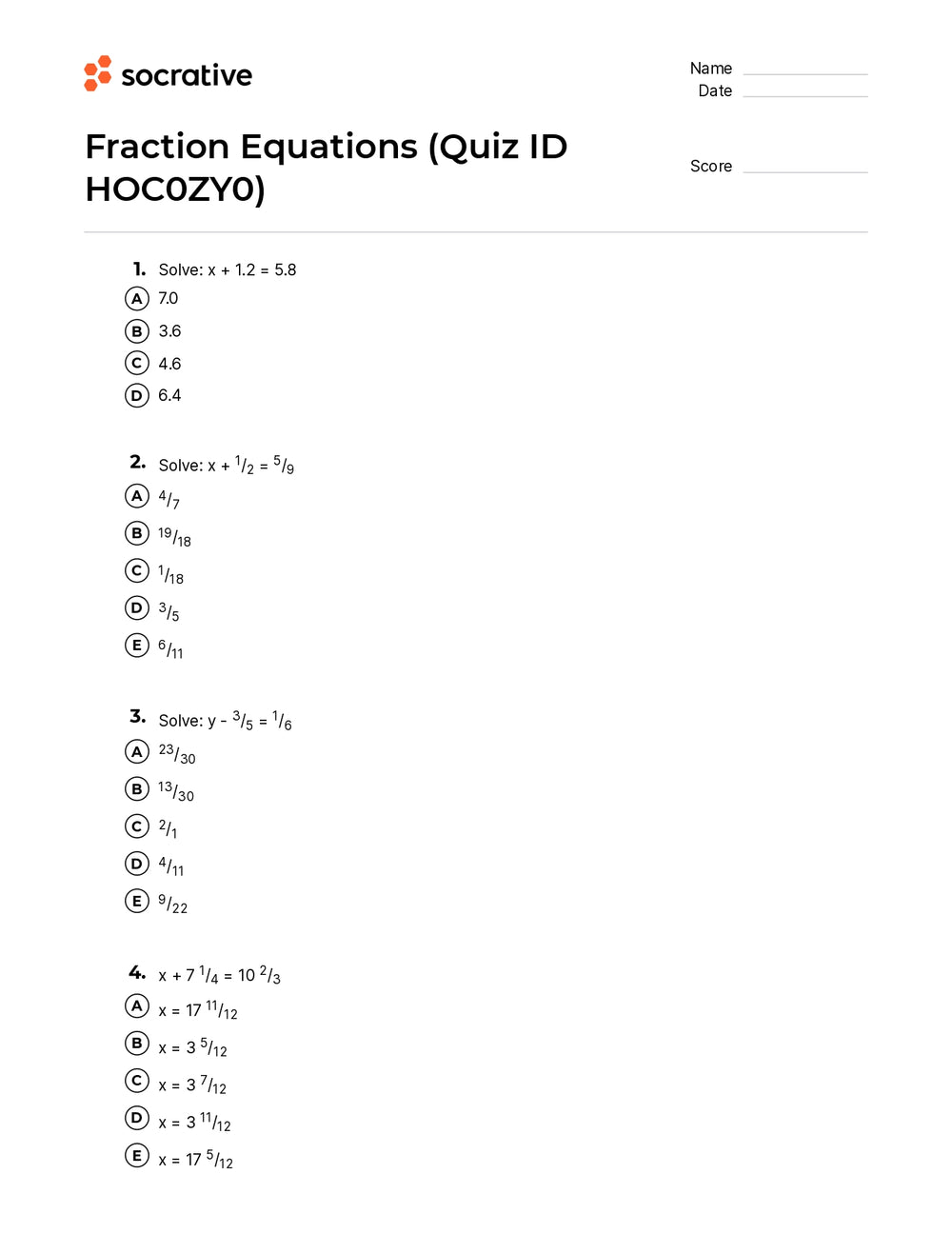 Fraction Equations – Quiz Shop