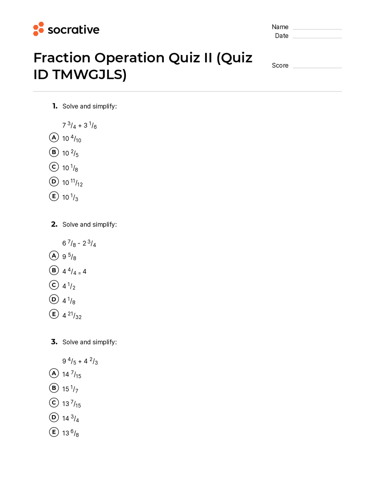Fraction Operation Quiz Ii – Quiz Shop