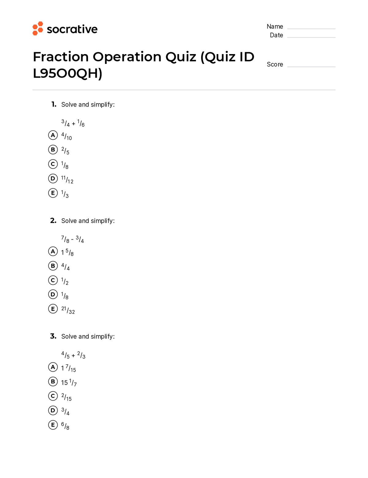 Fraction Operation Quiz – Quiz Shop