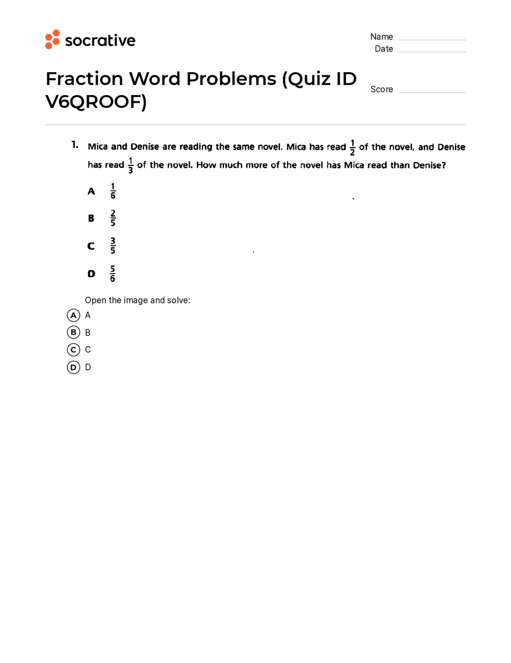 Fraction Word Problems – Quiz Shop