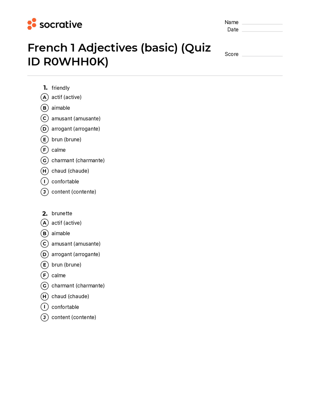 French 1 Adjectives (Basic) – Quiz Shop