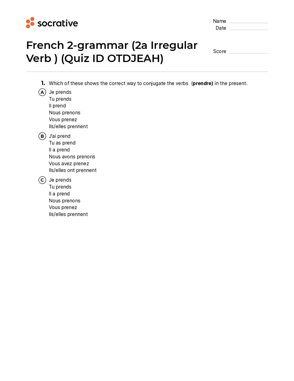 French 2-Grammar (2A Irregular Verb ) – Quiz Shop