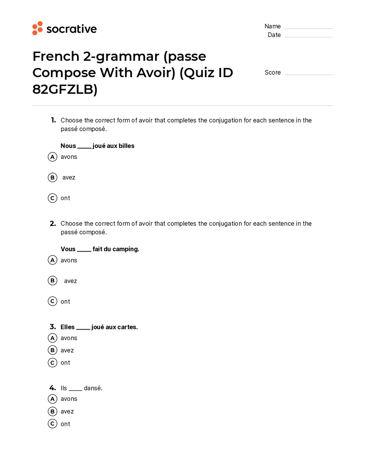 French 2-Grammar (Passe Compose With Avoir) – Quiz Shop