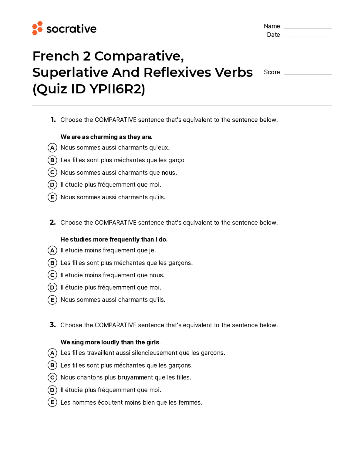 French 2 Comparative Superlative And Reflexives Verbs – Quiz Shop