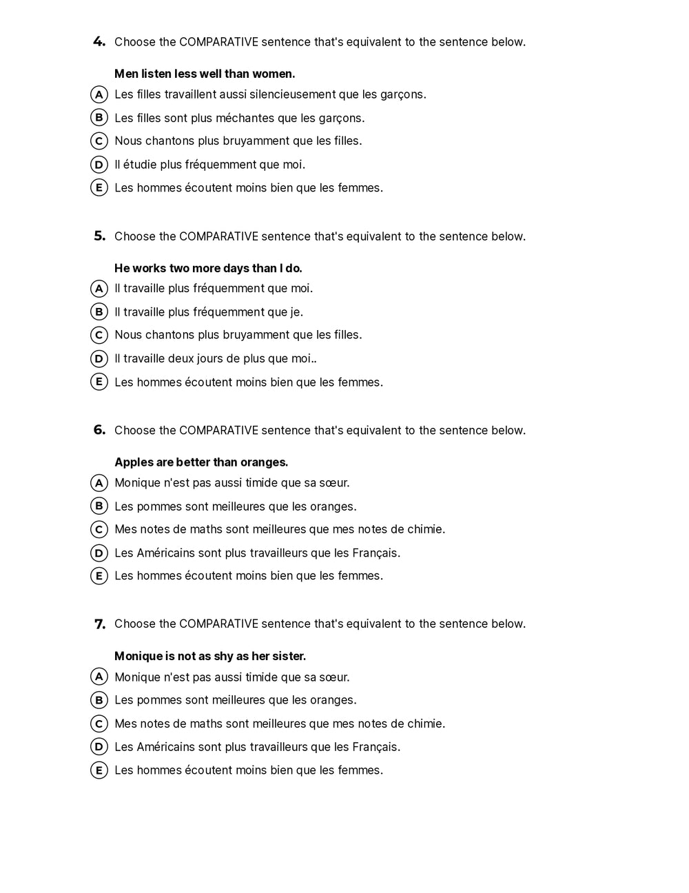 French 2 Comparative Superlative And Reflexives Verbs – Quiz Shop