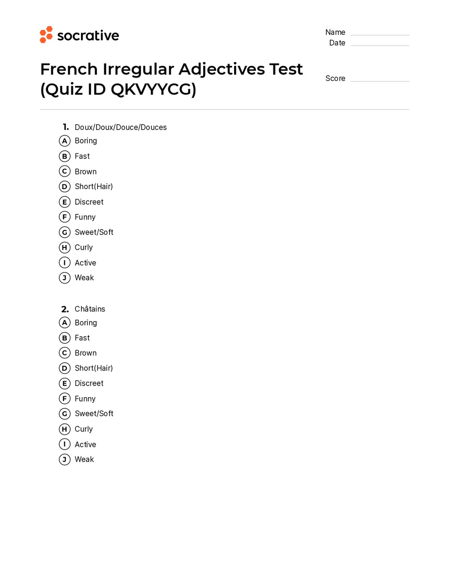 French Irregular Adjectives Test – Quiz Shop