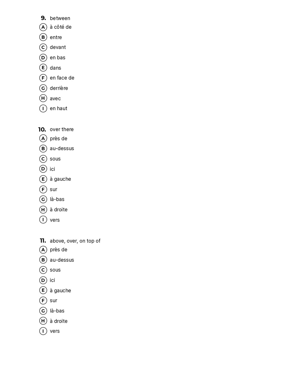 French Location Prepositions 1 – Quiz Shop