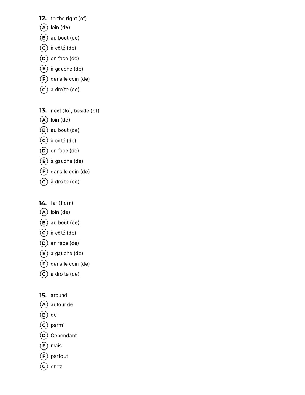 French Prepositions/Prepositional Phrases 1 – Quiz Shop